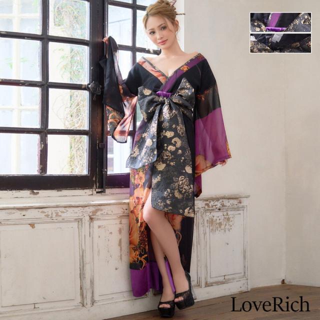 LoveRich ラブリッチ 【高級ライン】【2カラー/2点セット】オリエンタルフラワー シフォン 花柄 スリット 豪華 帯 花魁 着物ドレス キャバドレス [1560]
