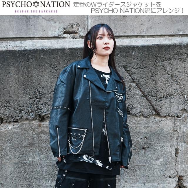 PSYCHO NATION サイコネーション 【MLサイズ】袖ハトメテープベルト Wライダースジャケット 原宿 病みかわ パンク 地雷 メンズ レディース ユニセックス 143015