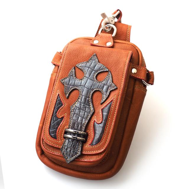 ベルトポーチ 牛革カーフスキン 型押しクロコダイル クロスモチーフ 長