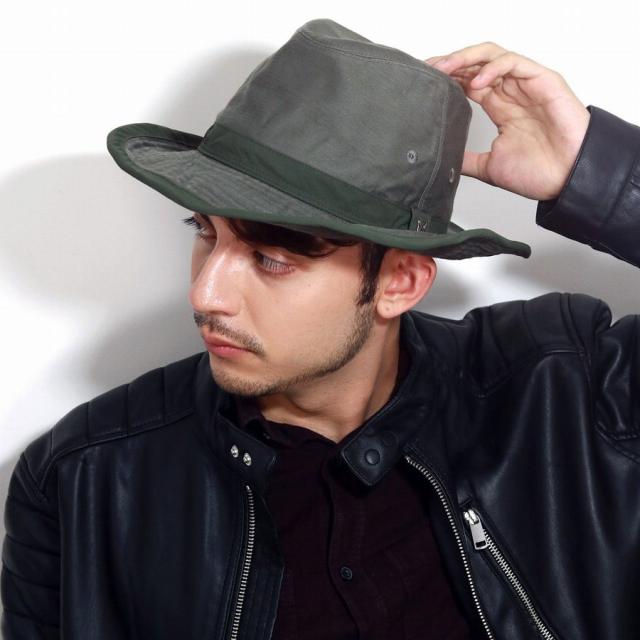 ハット アウトドア メンズ 帽子 レディース バックサテン しわ加工 光沢 ミリタリー ハット 秋 冬 日よけ ワイドブリム サイズ調節できる 日本製 アドベンチャーハット ワイヤー入りつば カーキ