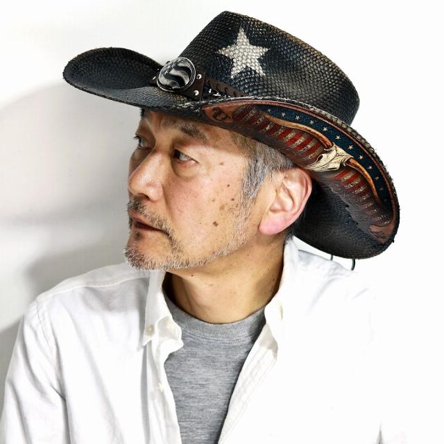 パナマハット 星柄 メンズ 帽子 パナマ100% カウボーイハット 星条旗 バックルベルト テンガロ