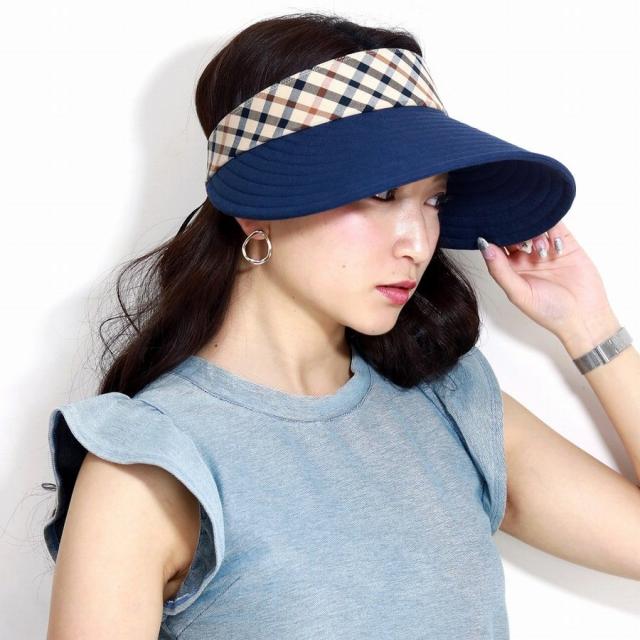 広つば ダックス クルクルバイザー 女性 日除け 手洗い可 紫外線対策 サンバイザー レディース チェック 柄 麻 UVカット DAKS 日本製 紺 ネイビー 母の日 ギフト 女性 誕生日 プレゼント 帽子