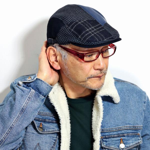 ミラショーン ハンチング パッチワーク フェイクレザー メンズ 秋冬 ブランド 帽子 紺 パッチワーク ハンチング帽 暖かい ハンチングキャップ チェック スエード Mila Schon 日本製 ネイビー [ ivy cap ] 送料無料 プレゼント 50代 60代 男性 帽子 通販 ELEHELM 父の日