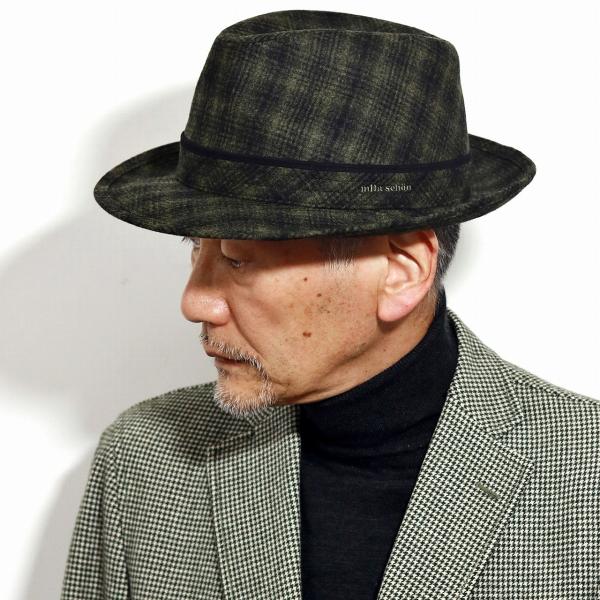 ミラショーン 中折れ つば広 ハット メンズ 秋冬 ニューレスコー Zignone シャドウチェック メンズ 大きいサイズ 60cm サイズ調節可能 レディース 帽子 mila schon 紳士 中折れハット 中折れ帽子 オリーブ [ fedora ] 男性 帽子 通販 父の日