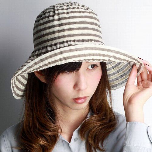 GREVI グレヴィ 春夏 カジュアル ツバ広ハット レディース ボーダー リボン ハンドメイド ブラウン