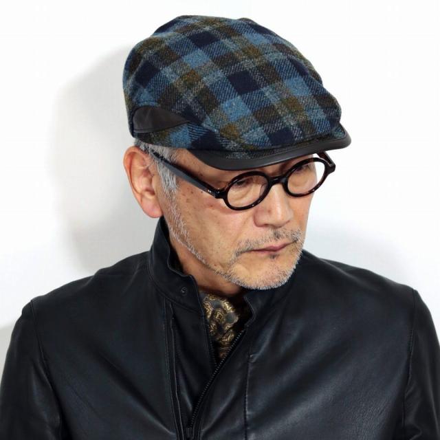 1237 1型 シェットランドウール ブランド生地 ハンチング 大きいサイズ メンズ 帽子 秋冬 ウール 送料無料 カシュケット ブランド チェック柄 Kaszkiet レザー 青 ブルー ( クリスマス ギフト包装 ラッピング 無料 )