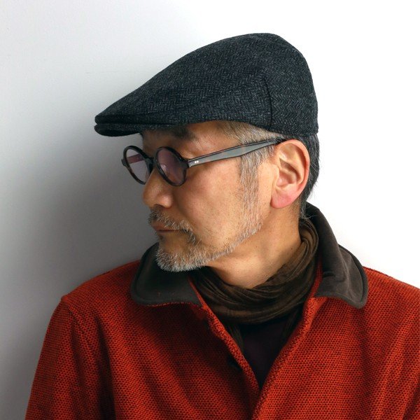 ハンチング マルゼ 日本製 ハンチング メンズ 秋冬 イタリア ブランド生地 ヘリンボーン ムーンツイード MOON TWEED サイズ豊富 S M L LL 3L サイズ調節可 帽子 チャコール グレー プレゼント 男性 50代 60代
