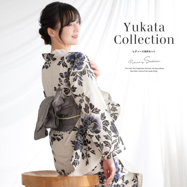 浴衣 セット レディース 浴衣セット 半幅帯 2025新作 3点セット 簡単 涼しい 黒 紺 ベージュ グレー レトロ 花柄 綿麻 大人 おしゃれ トレンド 帯 下駄 フリーサイズ 送料無料