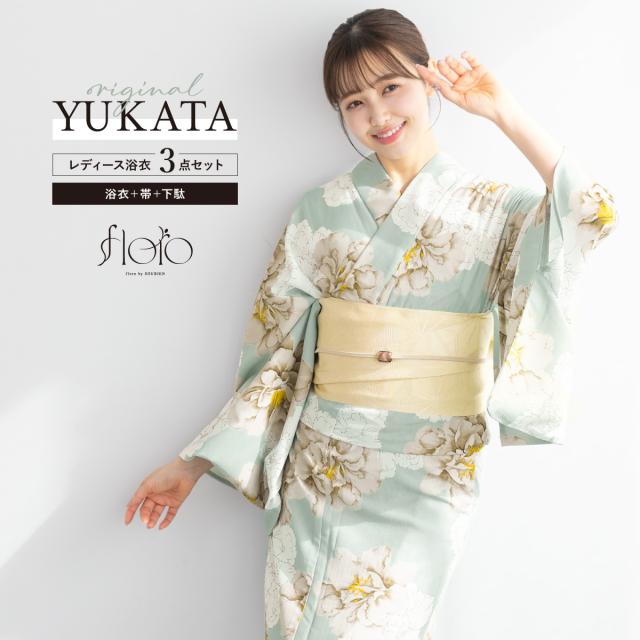 浴衣 セット レディース 浴衣セット 半幅帯 2025 floro 簡単 涼しい コーディネート済み 吸水速乾 水色 白 クリーム くすみ 菊花 おしゃれ 可愛い 下駄 S フリー 送料無料