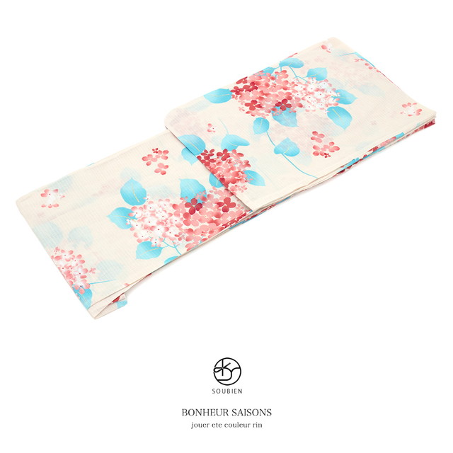 浴衣 レディース bonheur saisons ボヌールセゾン 白系 クリームホワイト 赤 水色 紫陽花 花 ラメ 綿 紅梅織り 夏祭り 花火大会 女性用 仕立て上がり 【フリーサイズ】