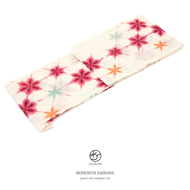 浴衣 レディース bonheur saisons ボヌールセゾン 白系 クリームホワイト 赤ピンク オレンジ ぼかし 絞り染風 花 綿 紅梅織り 夏祭り 花火大会 女性用 仕立て上がり 【フリーサイズ】