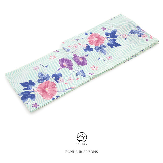 浴衣 レディース bonheur saisons ボヌールセゾン 水色 ブルー アイボリー 青 朝顔 花 縞 ラメ 綿 夏祭り 花火大会 女性用 仕立て上がり 【フリーサイズ】【送料無料】