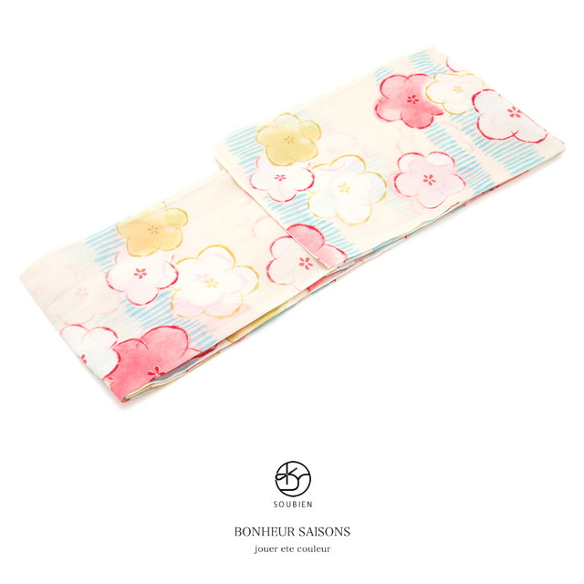 浴衣 レディース bonheur saisons ボヌールセゾン 薄黄色 クリーム 赤 梅 うめ ウメ 花 雨縞 ラメ 綿 紅梅織 夏祭り 花火大会 女性用 仕立て上がり 【フリーサイズ】