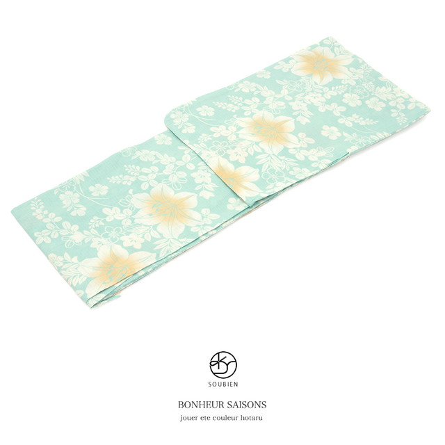 浴衣 レディース bonheur saisons ボヌールセゾン 薄緑色 ライトグリーン 薄橙色 百合 桔梗 桜 藤 萩 綿 紅梅織 夏祭り 花火大会 女性用 仕立て上がり 【フリーサイズ】