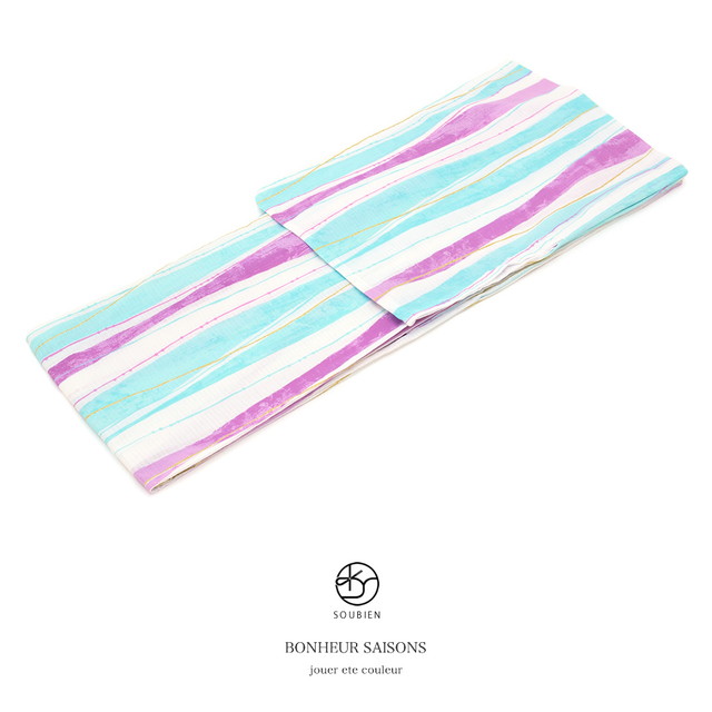 浴衣 レディース bonheur saisons ボヌールセゾン 白 ホワイト 水色 ブルー 紫 パープル よろけ縞 ラメ 綿 紅梅織 夏祭り 花火大会 女性用 仕立て上がり 【フリーサイズ】