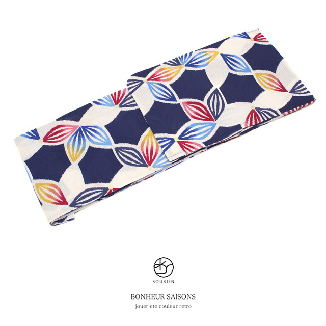 浴衣 レディース bonheur saisons ボヌールセゾン 紺 ネイビー 白 赤 青 麻の葉風 花 ラメ 綿 紅梅織り 夏祭り 花火大会 女性用 仕立て上がり 【フリーサイズ】