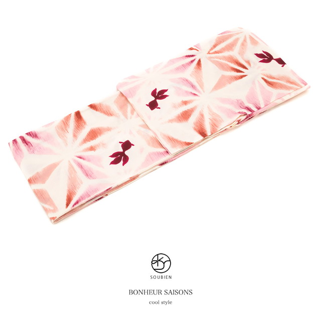 浴衣 レディース bonheur saisons ボヌールセゾン 生成り色 アイボリー ピンク 赤 麻の葉 金魚 綿 夏祭り 花火大会 女性用 仕立て上がり 【フリーサイズ】【送料無料】