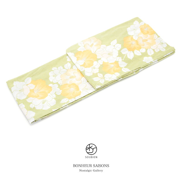 浴衣 レディース bonheur saisons ボヌールセゾン 黄緑色 イエローグリーン 椿 つばき 花柄 ラメ 綿麻 手捺染 手縫い 夏祭り 花火大会 女性用 仕立て上がり 【フリーサイズ】【送料無料】
