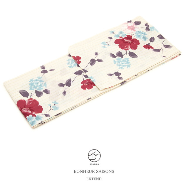 浴衣 レディース bonheur saisons ボヌールセゾン 白系 アイボリー 赤 水色 花柄 縞 ラメ 綿麻 夏祭り 花火大会 女性用 仕立て上がり 【フリーサイズ】【送料無料】