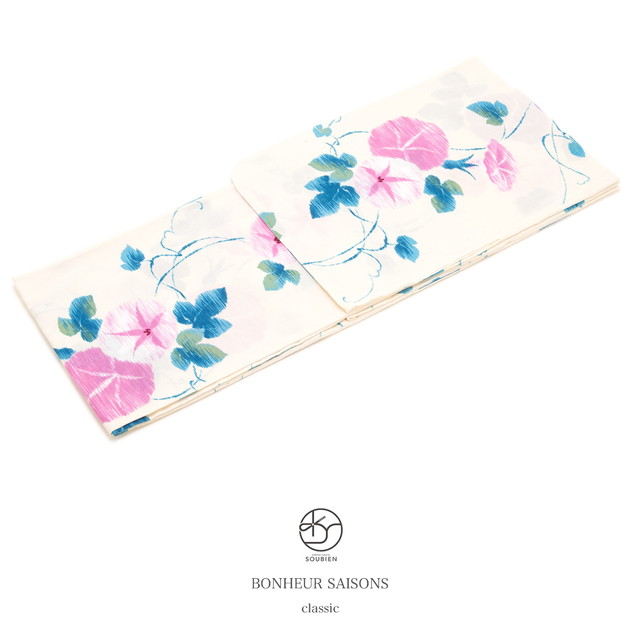 浴衣 レディース bonheur saisons ボヌールセゾン 白系 アイボリー ピンク 青緑色 朝顔 花柄 綿麻 夏祭り 花火大会 女性用 仕立て上がり 【フリーサイズ】【送料無料】