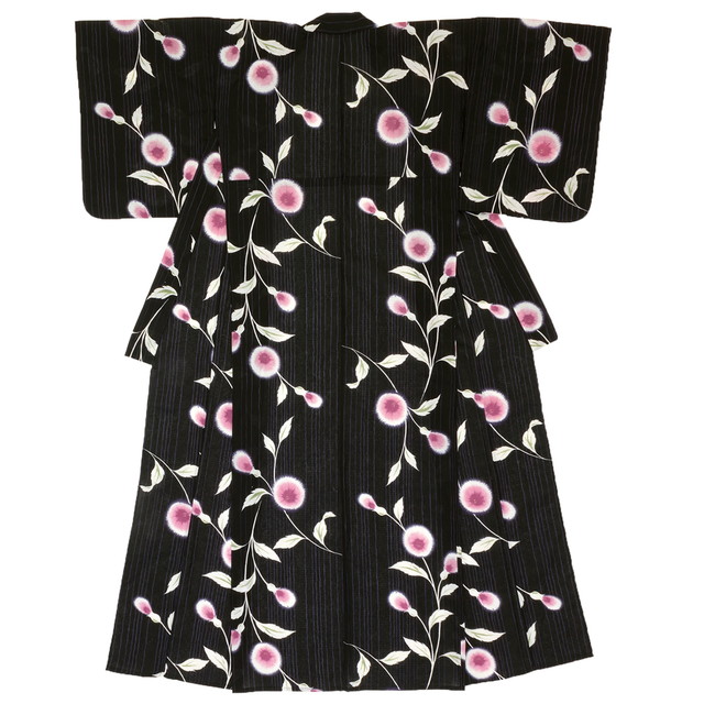 浴衣 レディース bonheur saisons ボヌールセゾン 黒 ブラック アザミ 花 フラワー よろけ縞 綿 紅梅織り 夏祭り 花火大会 女性用 仕立て上がり