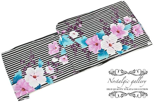 浴衣 レディース 女性用 縞 花柄 黒 ブラック 白 ホワイト ピンク 紫 パープル 花火大会 夏祭り bonheur saisons（ボヌールセゾン） Nostalgic Gallery 綿 【フリーサイズ】