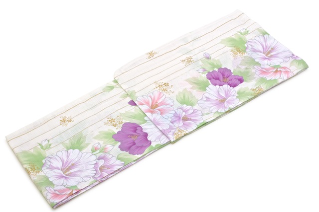 浴衣 レディース 女性用 白 ホワイト ピンク 縞 ハイビスカス 花 ラメ 花火大会 夏祭り bonheur saisons（ボヌールセゾン） 涼 綿【フリーサイズ】