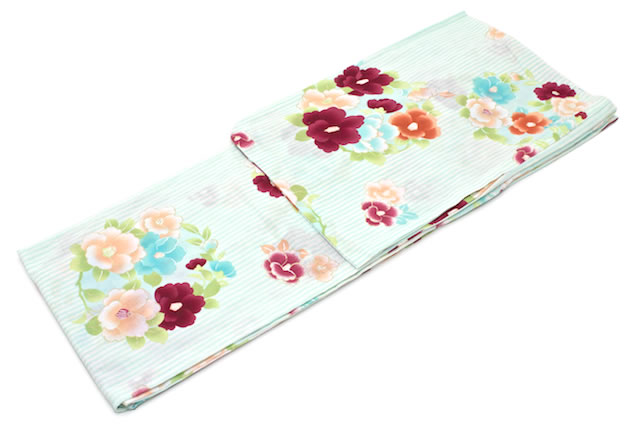 浴衣 レディース bonheur saisons 水色 スカイブルー 縞 ストライプ 椿 花 ラメ 手捺染 綿 洗える 夏祭り 花火大会 女性用 仕立て上がり 【女性浴衣 青系】【送料無料】