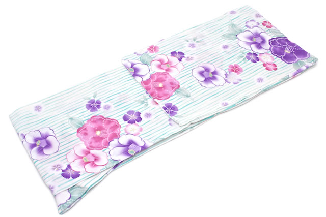 浴衣 レディース bonheur saisons（ボヌールセゾン） 白 ホワイト 水色 ブルー 縞 ストライプ 椿 なでしこ 花 ラメ 綿 洗える 夏祭り 花火大会 女性用 仕立て上がり