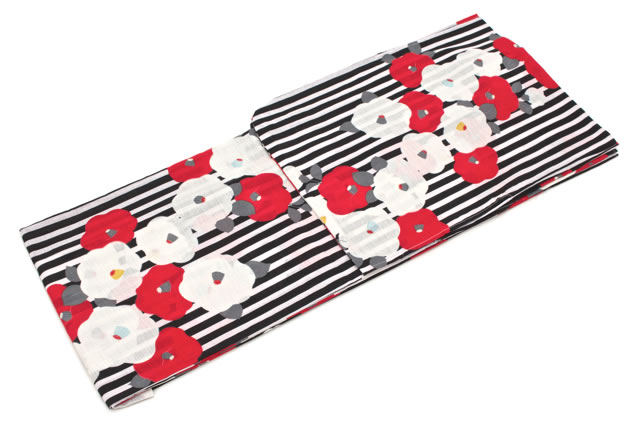 浴衣 レディース bonheur saisons ボヌールセゾン 黒 ブラック 白 ホワイト 赤 レッド 椿 縞 ストライプ モダン ラメ 綿 変わり織り 洗える 夏祭り 花火大会 女性用 仕立て上がり