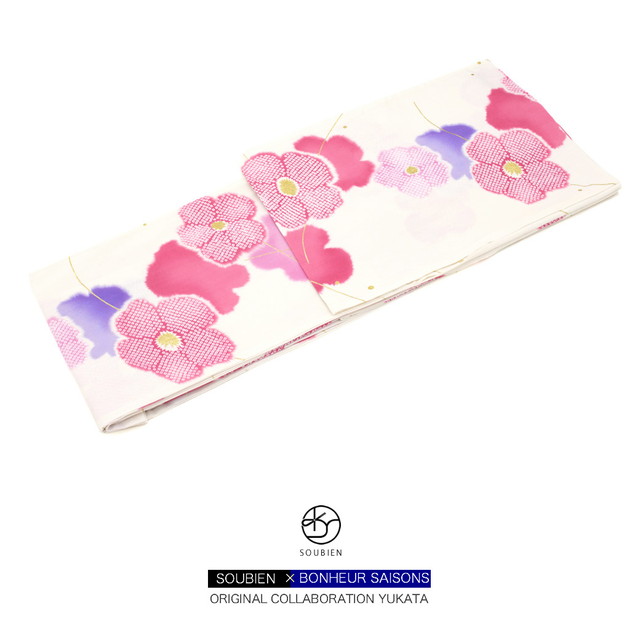 浴衣 レディース bonheur saisons ボヌールセゾン 白 アイボリー ピンク 鹿の子柄 花 ラメ ラメ 綿 洗える 夏祭り 花火大会 女性用 【S・フリー】