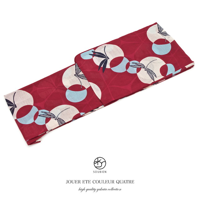 浴衣 レディース bonheur saisons ボヌールセゾン 濃赤 レッド 蜻蛉 トンボ とんぼ 綿 絽 夏祭り 花火大会 女性用 仕立て上がり 【フリーサイズ】