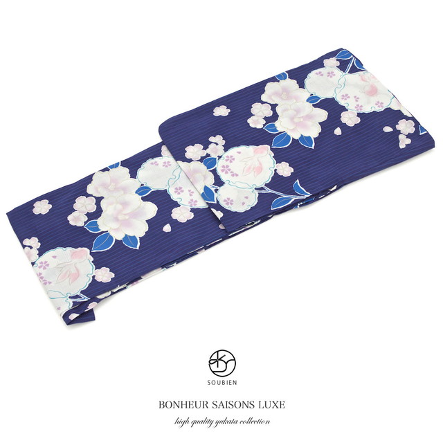 浴衣 レディース bonheur saisons ボヌールセゾン 紺青 ネイビーブルー 白 ホワイト 椿 つばき 雪輪 金魚 綿 縞 ラメ 夏祭り 花火大会 女性用 仕立て上がり 【フリーサイズ】【送料無料】