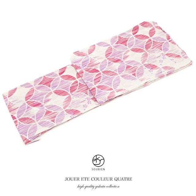 浴衣 レディース bonheur saisons ボヌールセゾン 白 オフホワイト ピンク 紫 パープル 七宝 綿 紅梅 かすれ 夏祭り 花火大会 女性用 仕立て上がり 【フリーサイズ】