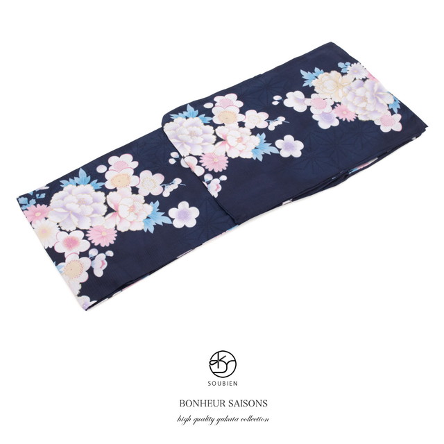 浴衣 レディース bonheur saisons ボヌールセゾン 濃紺 ネイビー 薄ピンク 牡丹 梅 麻の葉 花 綿 ラメ 夏祭り 花火大会 女性用 仕立上がり 【S・フリー】【送料無料】