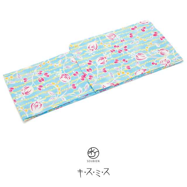 レディース浴衣 ブランド キスミス 水色 ブルー ピンク 花 変わり縞 綿 紅梅織り 夏祭り 花火大会 女性用 仕立て上がり 【フリーサイズ】