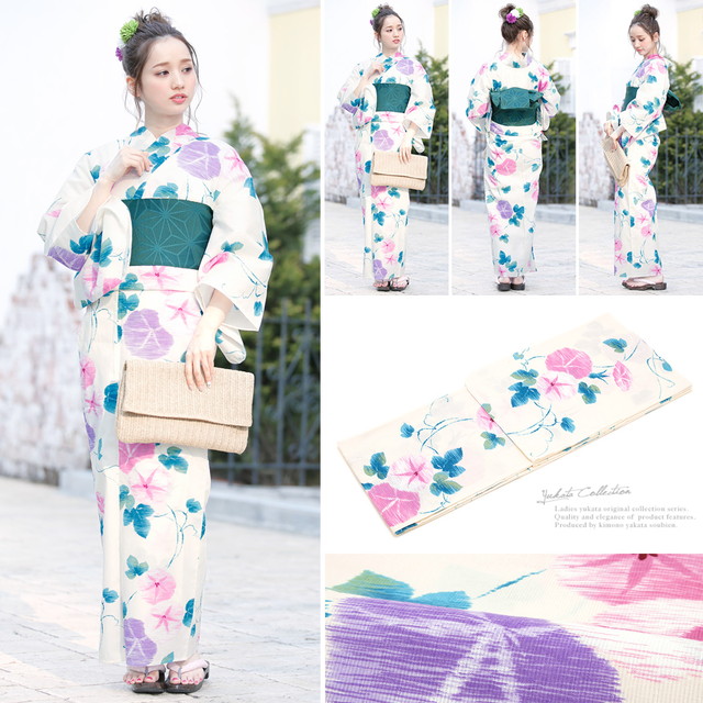 浴衣セット レディース レトロ 浴衣セット 大人 3点セット 白系 ホワイト ピンク 緑 朝顔 花柄 綿麻 兵児帯 女性 ボヌールセゾン フリー 浴衣セット レディース レトロ 浴衣セット 大人 3点セット 白系