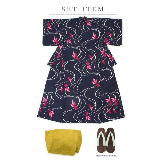 即納【レディース浴衣3点セット】浴衣セット/レディース/濃紺色/金魚