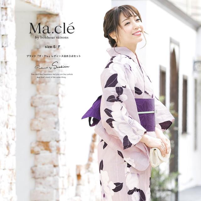 即納【レディース浴衣3点セット】浴衣セット/レディース/赤/白椿/花/縞/ラメ/綿麻/女性/マクレ/ボヌールセゾン/S/フリー/大人/送料無料