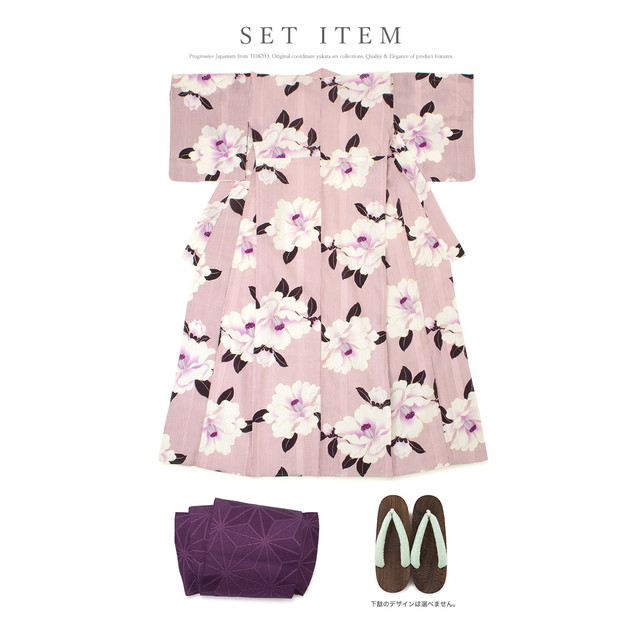 即納【レディース浴衣3点セット】浴衣セット/レディース/赤/白椿/花/縞