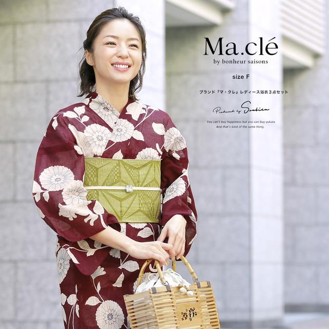 即納【レディース浴衣3点セット】浴衣セット/レディース/濃赤/生成色/菊/花/猫/ネコ/綿麻/女性/マクレ/ボヌールセゾン/フリー/大人/送料無料