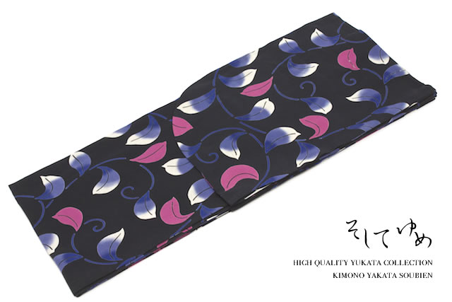 浴衣 レディース 女性用 そしてゆめ 黒 小紋 蔓唐草 グラデーション 注染 舟底袖 綿 日本製 花火大会 夏祭り 女性浴衣【フリーサイズ】【送料無料】