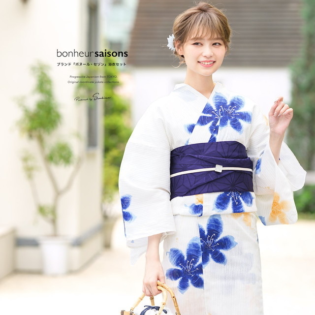 浴衣セット レディース レトロ 作り帯 浴衣セット 大人 3点セット 白系 ホワイト 青 紺 百合 金魚 露芝 縞 ラメ 綿麻 女性 ボヌールセゾン フリー