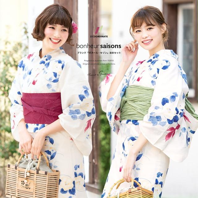 浴衣セット レディース 浴衣セット 作り帯 大人 3点セット（浴衣/帯/下駄） bonheur saisons ボヌールセゾン 白系 オフホワイト 青 赤紫 椿 ツバキ 金魚 花 綿麻 夏 花火大会