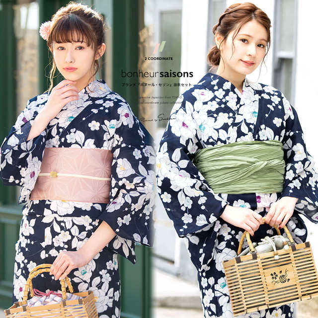 浴衣セット レディース 浴衣セット 作り帯 大人 3点セット（浴衣/帯/下駄） bonheur saisons ボヌールセゾン 紺 ネイビー ピンク 椿 つばき 花 綿 夏 花火大会
