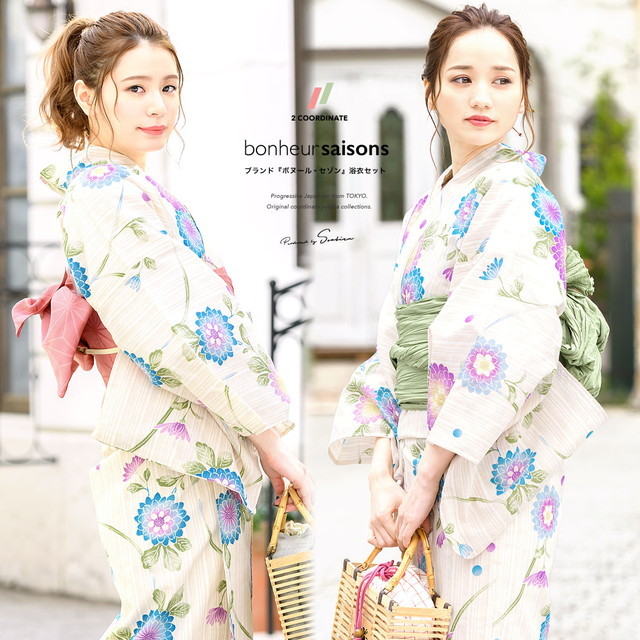 浴衣セット レディース 浴衣セット 作り帯 大人 3点セット（浴衣/帯/下駄） bonheur saisons ボヌールセゾン 薄茶色 ベージュ 生成色 紫 青 ピンク 薄緑 菊 花 綿麻 夏 花火大会