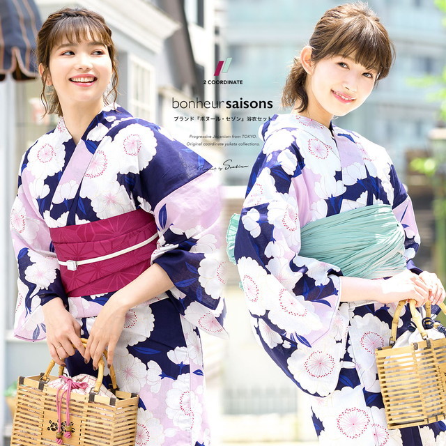浴衣セット レディース レトロ 作り帯 浴衣セット 大人 3点セット 紺 ネイビー ピンク 赤紫 水色 八重桜 花 ラメ 綿麻 女性 ボヌールセゾン フリー