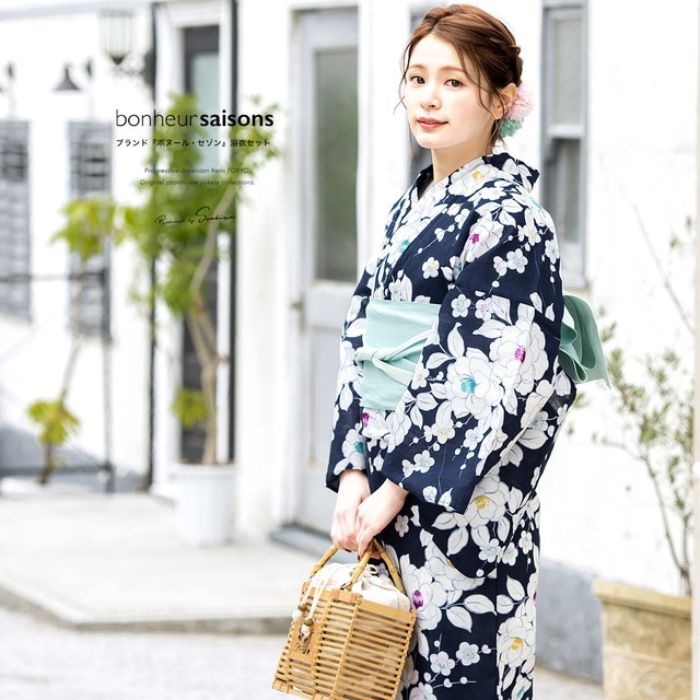 浴衣セット レディース 浴衣セット 作り帯 大人 3点セット（浴衣/帯/下駄） bonheur saisons ボヌールセゾン 紺 ネイビー 水色 椿 つばき 花 綿 夏 花火大会