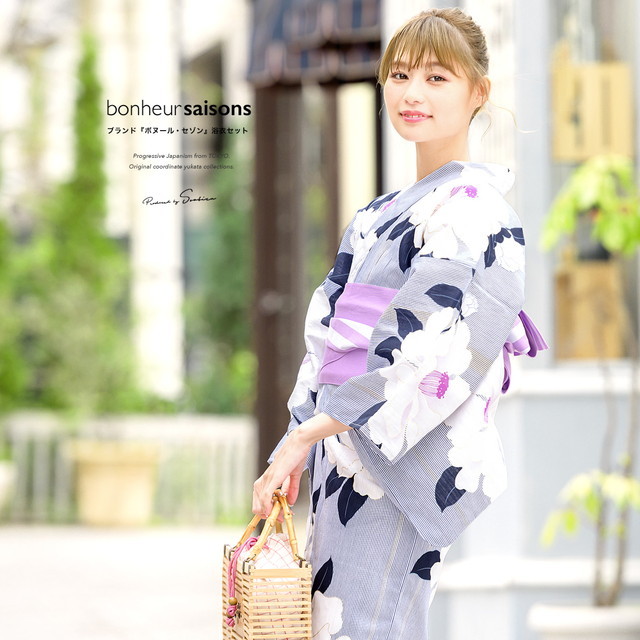 浴衣セット レディース レトロ 作り帯 浴衣セット 大人 3点セット 紺系 ネイビー 紫 縞 ストライプ 椿 ラメ 綿麻 女性 ボヌールセゾン S フリー