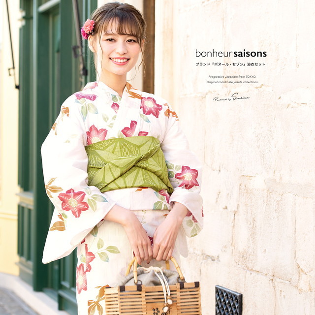 浴衣セット レディース 浴衣セット 大人 3点セット（浴衣/帯/下駄） bonheur saisons ボヌールセゾン 白系 アイボリー 赤 黄緑 鉄線花 クレマチス 金魚 雨縞 綿 夏 花火大会